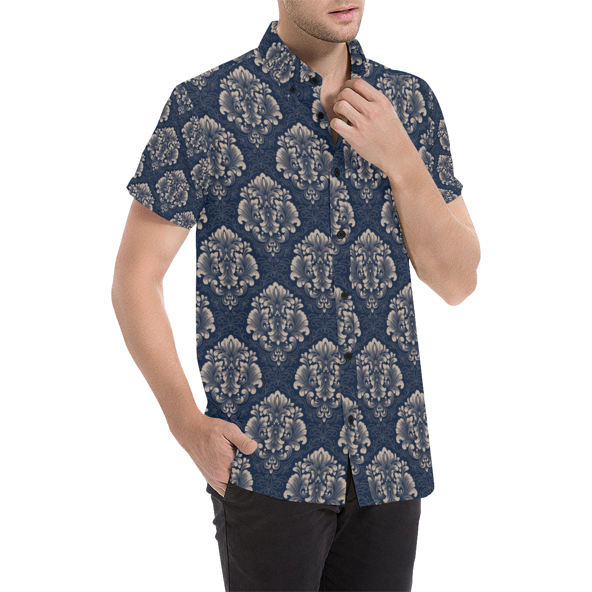 Damask Blue Luxury Print Pattern Men Button Up Shirt - JorJune
