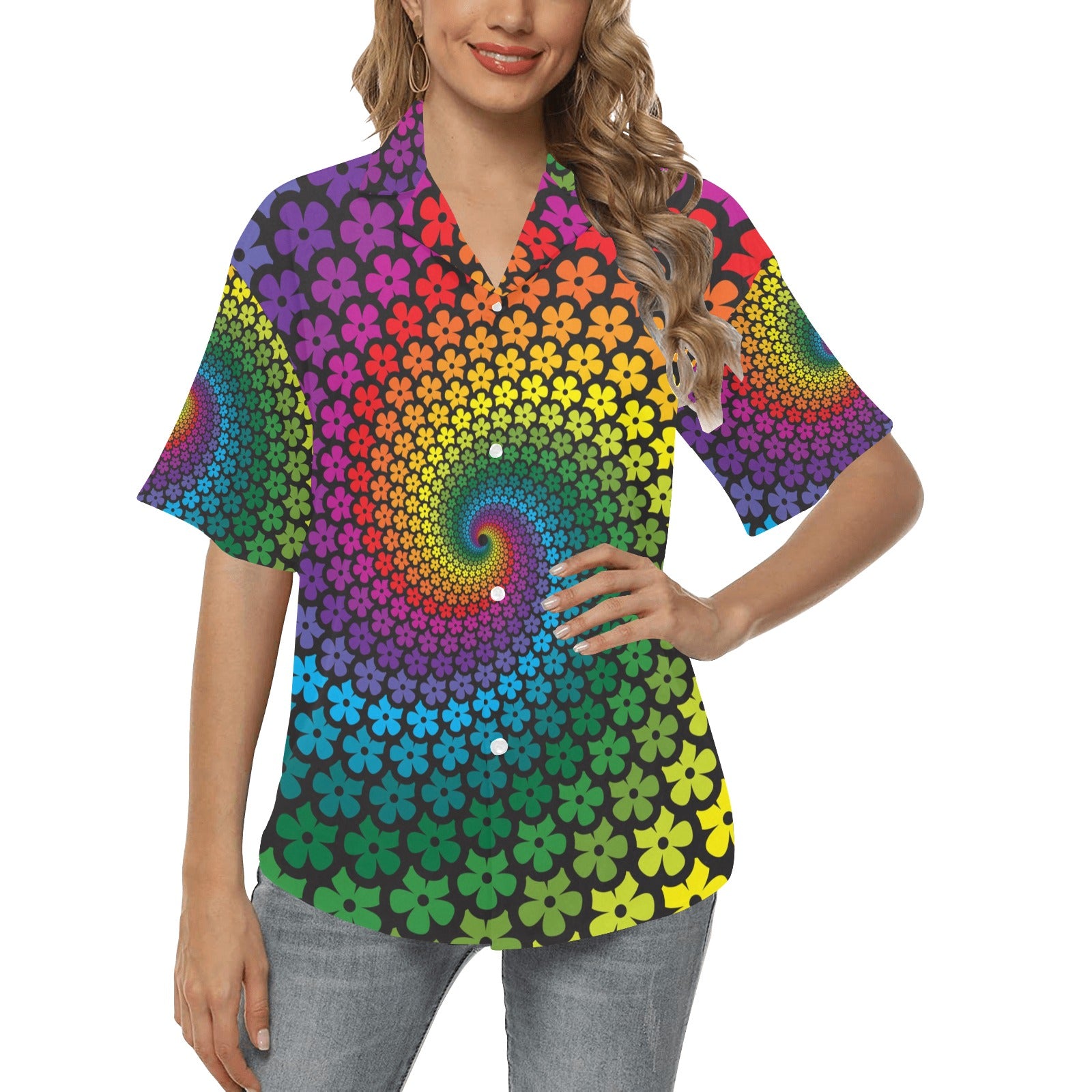 Flower Power Rainbow Spiral Print Women's Hawaiian Shirt – JorJune