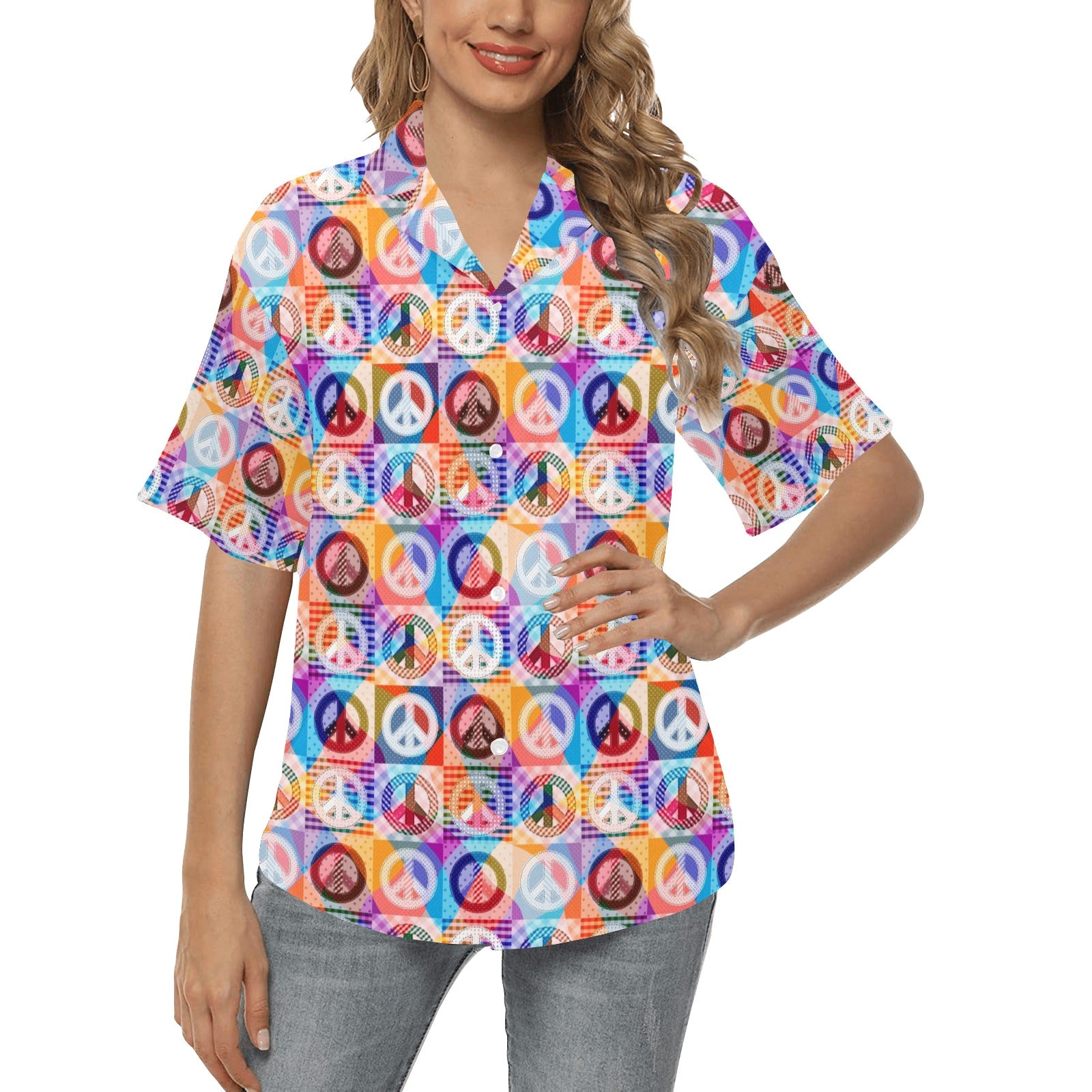 Peace Sign Patchwork Design Print Women's Hawaiian Shirt – JorJune