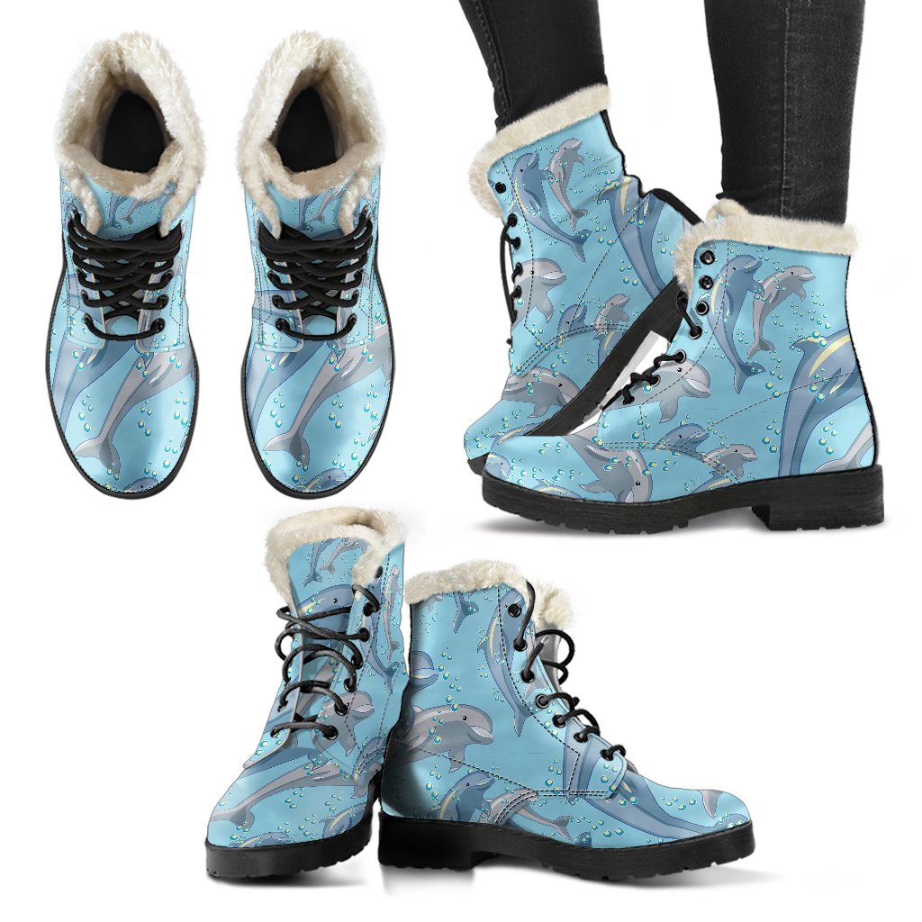 Dolphin Print Pattern Faux Fur Leather Boots – JorJune