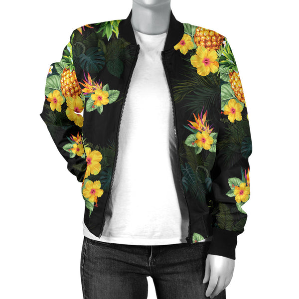 Pineapple Tropical Flower Print Pattern Women Bomber Jacket - JorJune