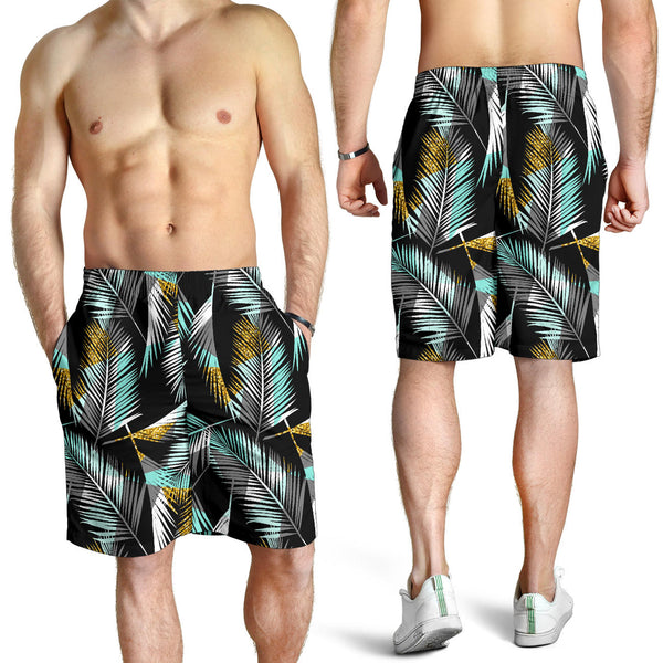 Gold Glitter Cyan Tropical Palm Leaves Mens Shorts - JorJune