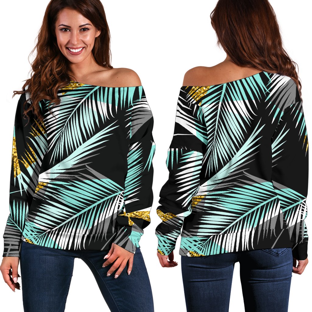 Gold Glitter Cyan Tropical Palm Leaves Off Shoulder Sweatshirt – JorJune