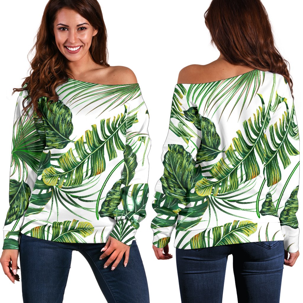 Green Pattern Tropical Palm Leaves Off Shoulder Sweatshirt – JorJune